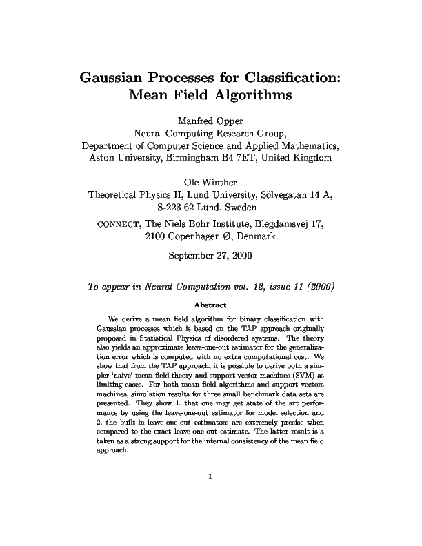 Pdf Gaussian Processes For Classification Mean Field Algorithms