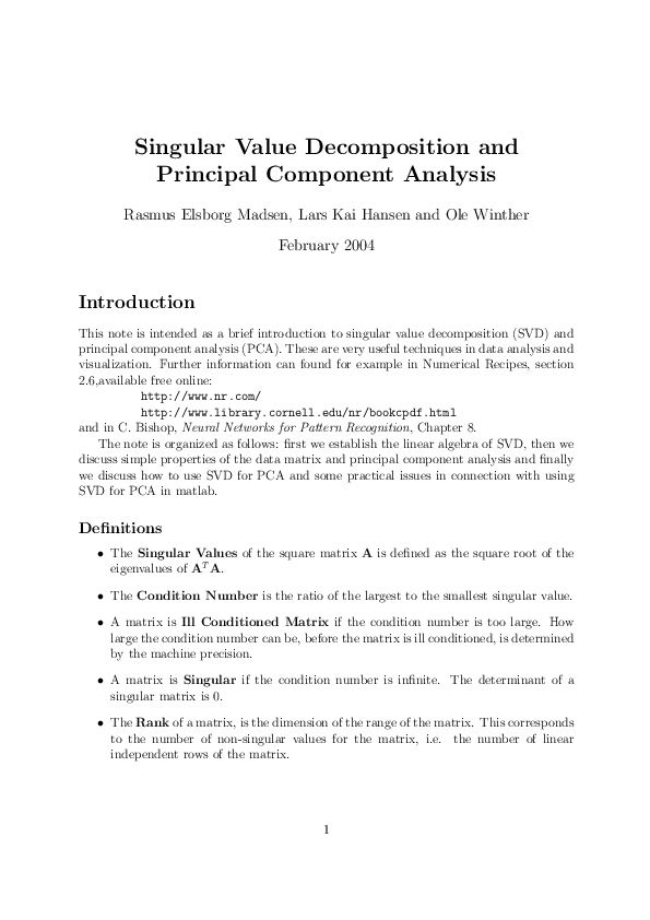 Pdf Singular Value Decomposition And Principal Component Analysis
