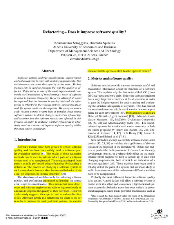 (PDF) Refactoring--Does It Improve Software Quality?