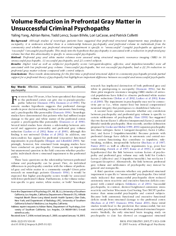 (PDF) Volume reduction in prefrontal gray matter in unsuccessful criminal psychopaths
