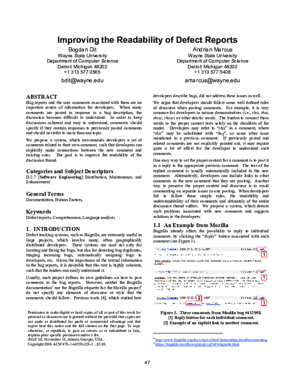 (PDF) Improving the readability of defect reports