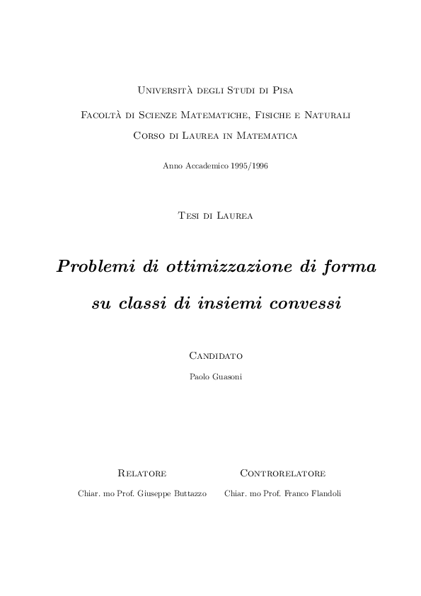(PDF) Problemi di ottimizzazione di forma su classi di insiemi convessi