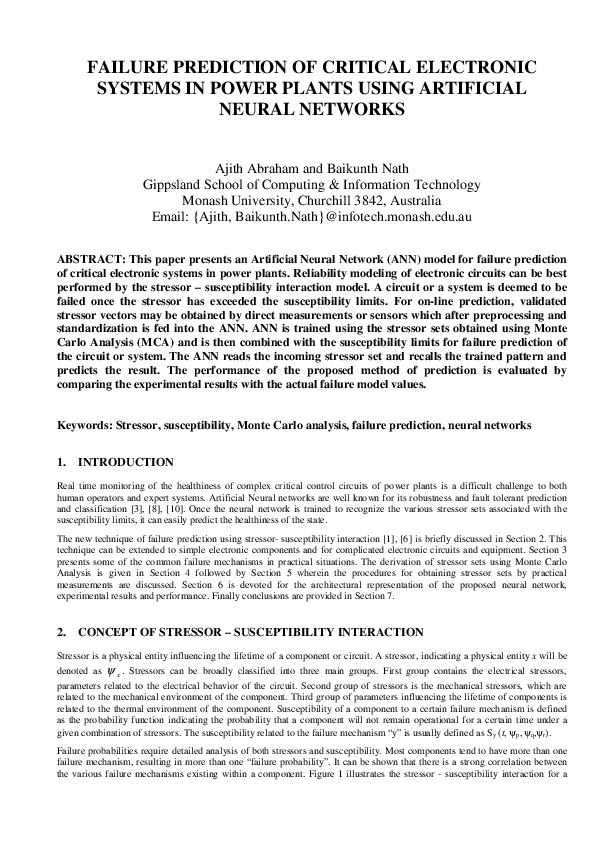 (PDF) Failure prediction of critical electronic systems in power plants using artificial neural ...