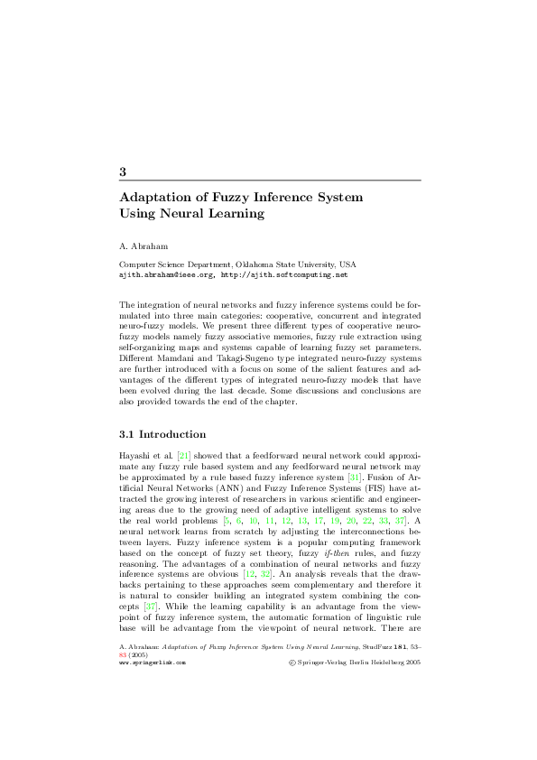 Pdf Adaptation Of Fuzzy Inference System Using Neural Learning Ajith Abraham