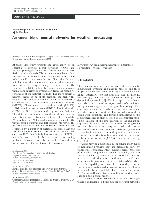 (PDF) An ensemble of neural networks for weather forecasting