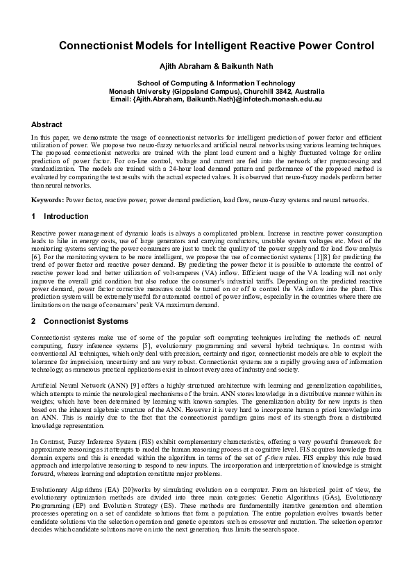 (PDF) Connectionist models for intelligent reactive power control