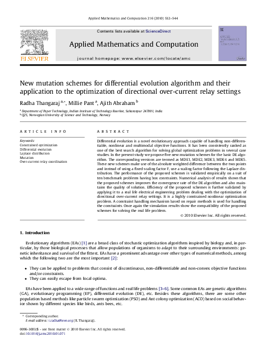 Pdf New Mutation Schemes For Differential Evolution Algorithm And Their Application To The