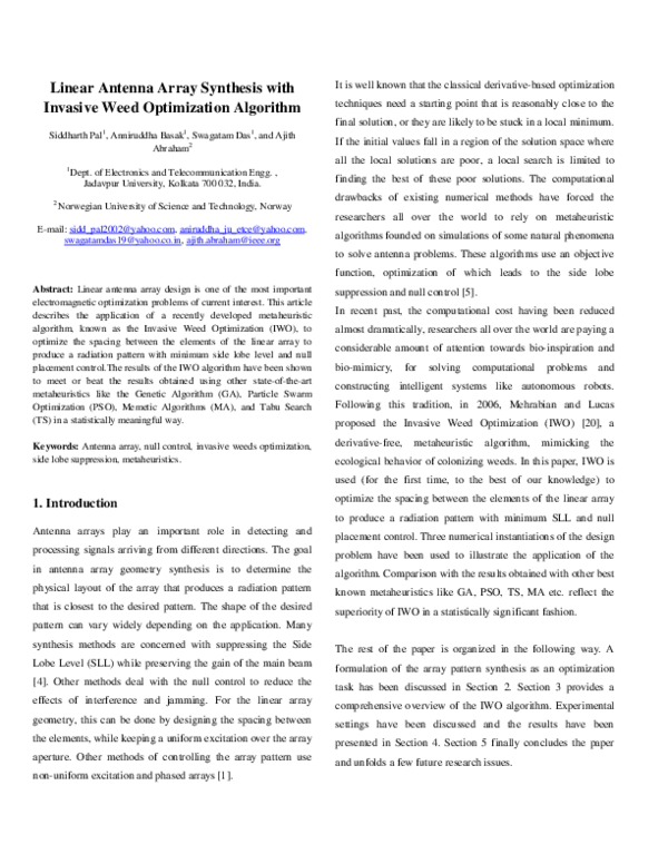 Pdf Linear Antenna Array Synthesis With Invasive Weed Optimization Algorithm 7528