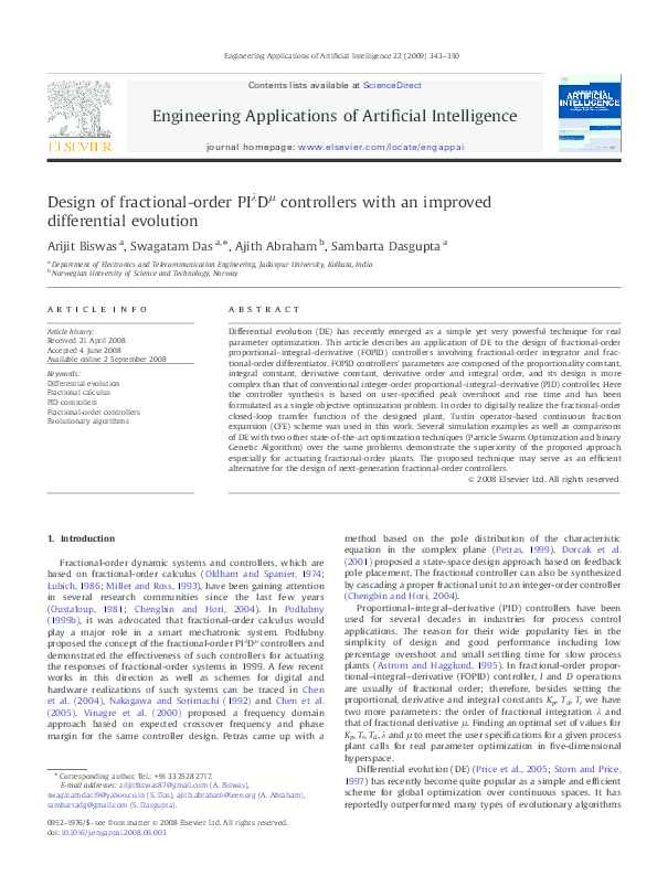 Pdf Design Of Fractional Order Pi λ D μ Controllers With An Improved Differential Evolution