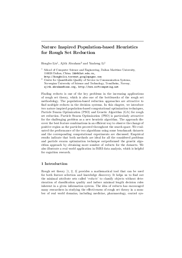 (PDF) Nature inspired population-based heuristics for rough set reduction