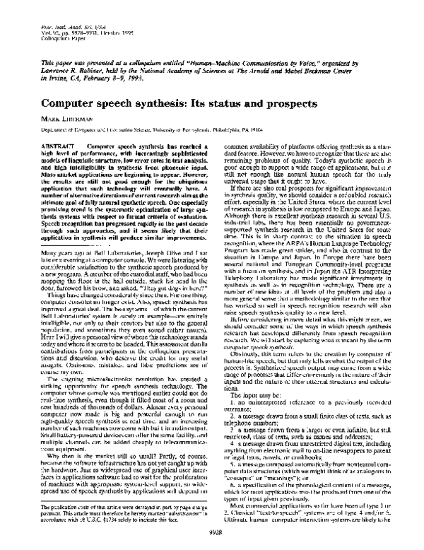 (PDF) Computer speech synthesis: its status and prospects