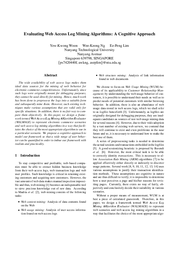 Pdf Evaluating Web Access Log Mining Algorithms A Cognitive Approach