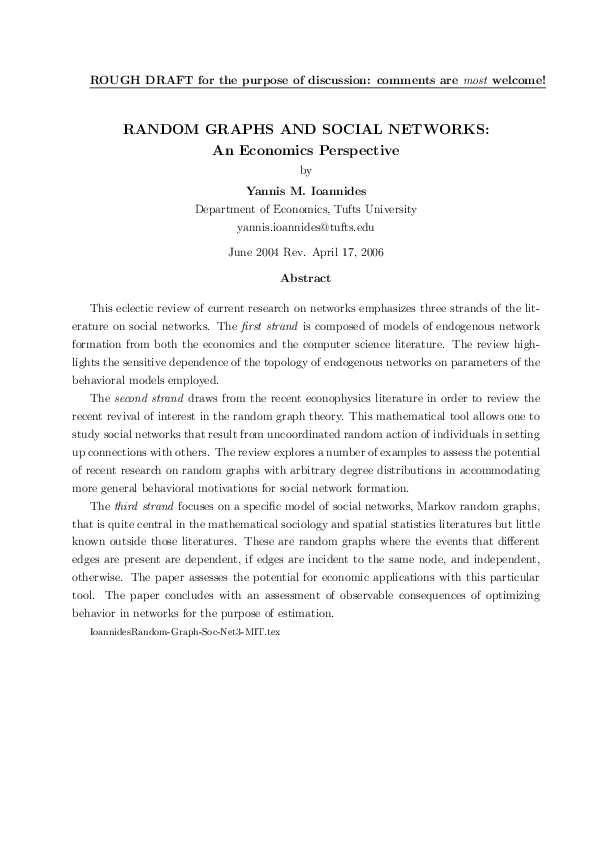 (PDF) Random graphs and social networks: An economics perspective