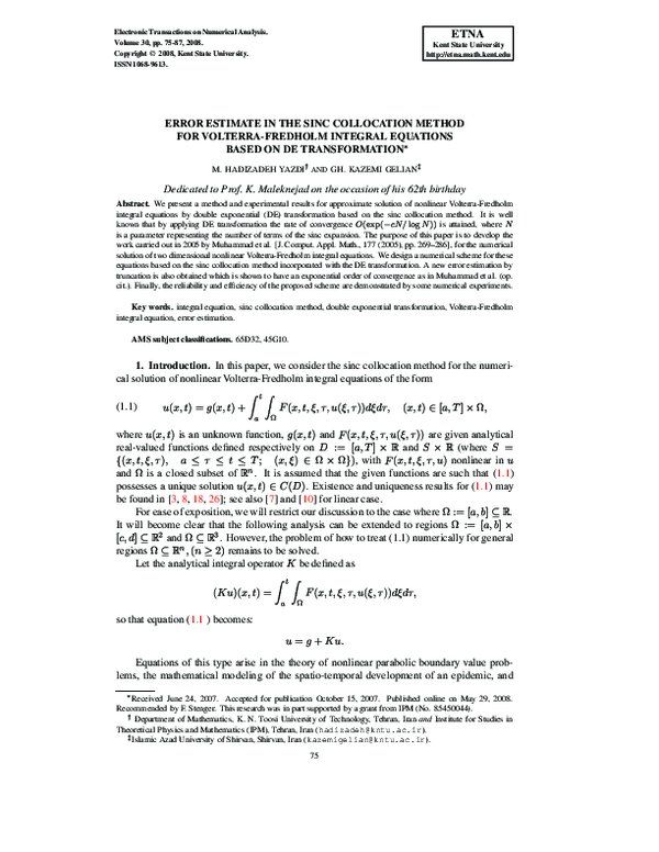 Pdf Error Estimate In The Sinc Collocation Method For Volterra Fredholm Integral Equations