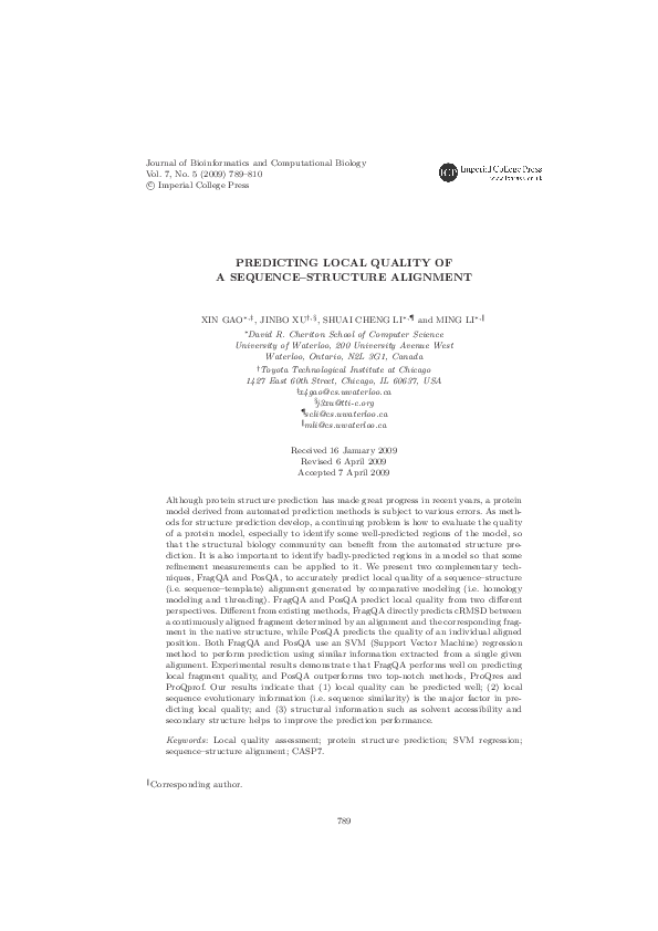 (PDF) PREDICTING LOCAL QUALITY OF A SEQUENCE–STRUCTURE ALIGNMENT