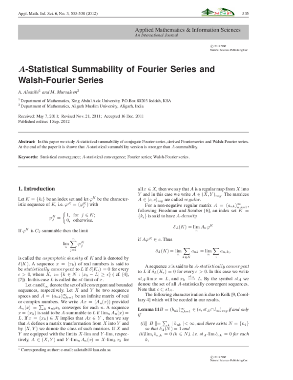 Pdf A Statistical Summability Of Fourier Series And Walsh Fourier Series M Mursaleen