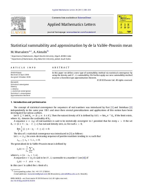 (PDF) Statistical summability and approximation by de la Vallée-Poussin mean
