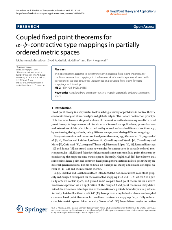 Pdf Coupled Fixed Point Theorems For α ψ Contractive Type Mappings In Partially Ordered Metric
