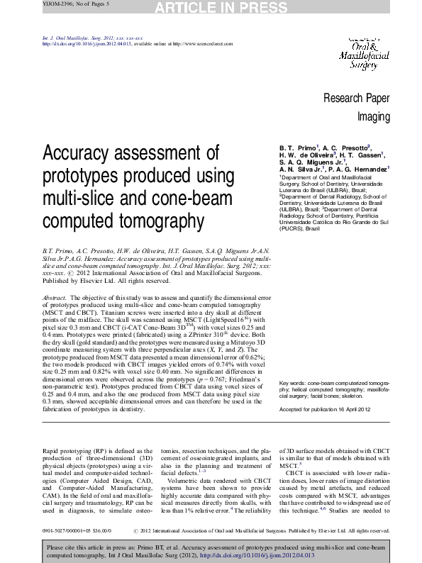 Pdf Accuracy Assessment Of Prototypes Produced Using Multi Slice And Cone Beam Computed Tomography