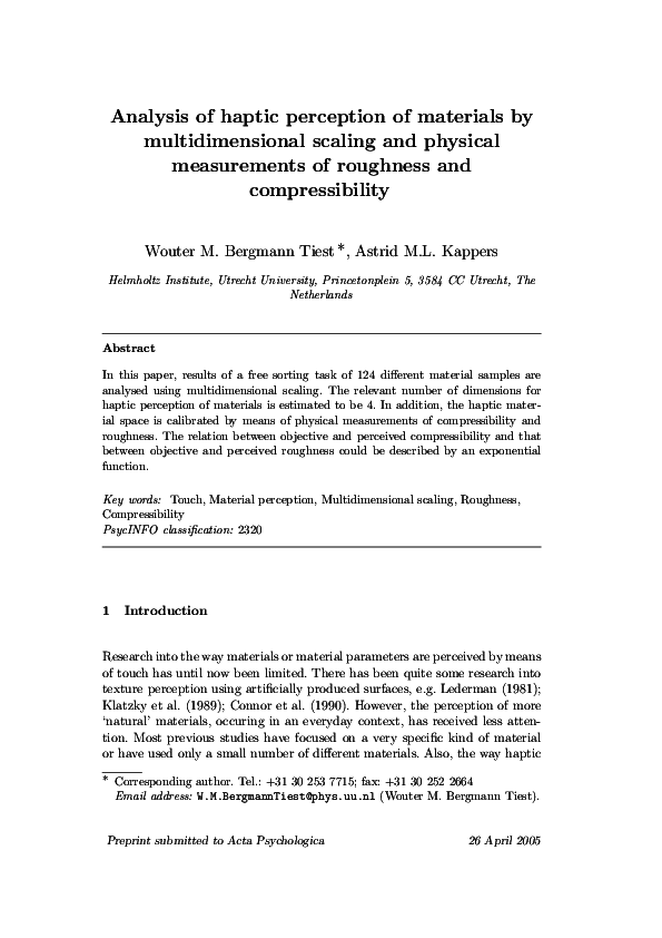 Pdf Analysis Of Haptic Perception Of Materials By Multidimensional Scaling And Physical