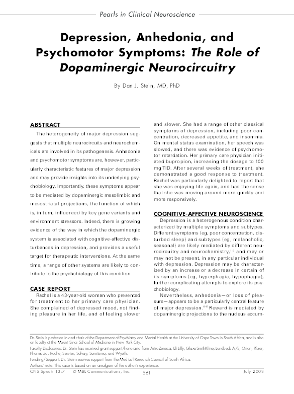 (PDF) Depression, anhedonia, and psychomotor symptoms: the role of ...