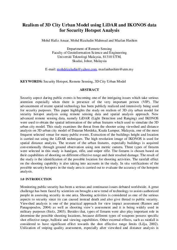 (PDF) Realism of 3D City Urban Model using LiDAR and IKONOS data for Security Hotspot Analysis