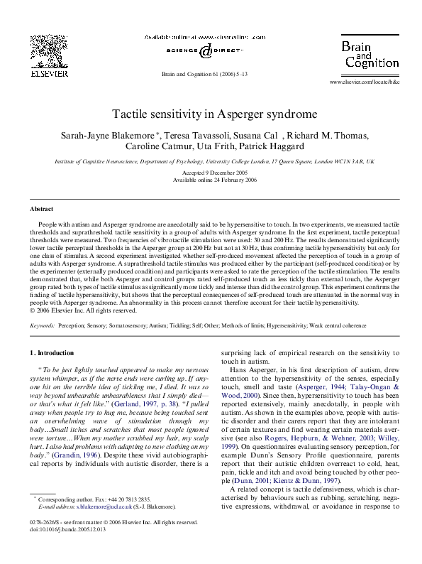 (PDF) Tactile sensitivity in Asperger syndrome