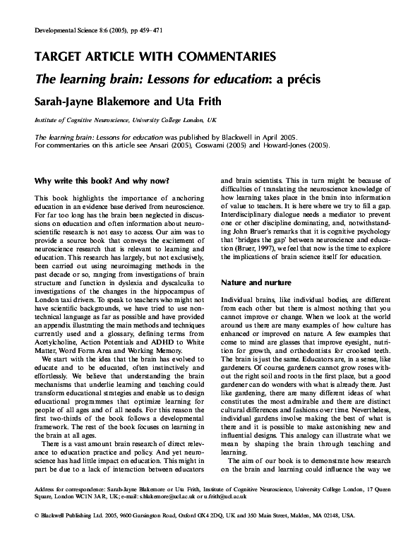 (PDF) The learning brain: Lessons for education: a precis