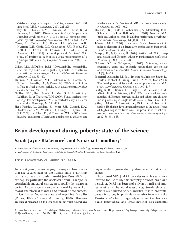 (PDF) Brain development during puberty: state of the science
