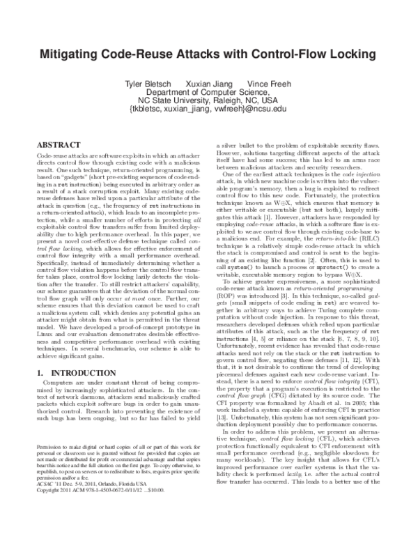Pdf Mitigating Code Reuse Attacks With Control Flow Locking