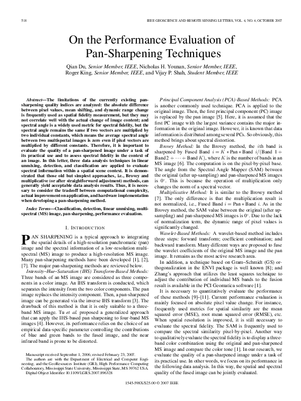 (PDF) On the performance evaluation of pan-sharpening techniques