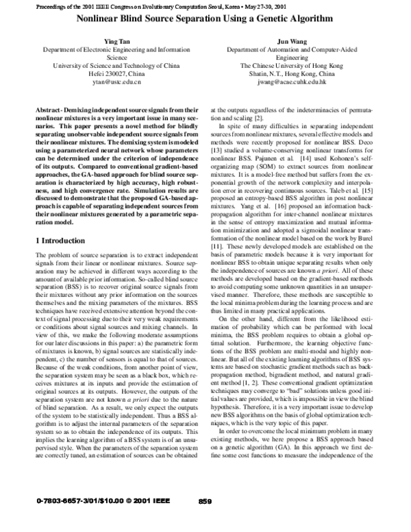 Pdf Nonlinear Blind Source Separation Using A Genetic Algorithm