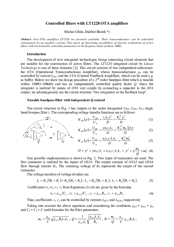 (PDF) Controlled filters with LT1228 OTA amplifiers