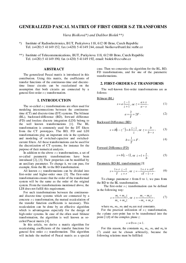 (PDF) Generalized pascal matrix of first order sz transforms