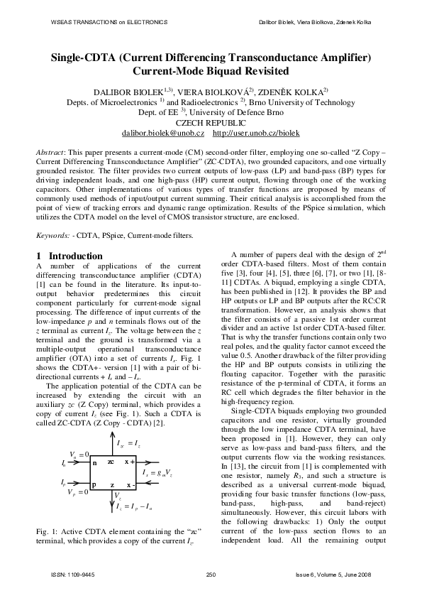 (PDF) Single-CDTA (current differencing transconductance amplifier) current-mode biquad revisited