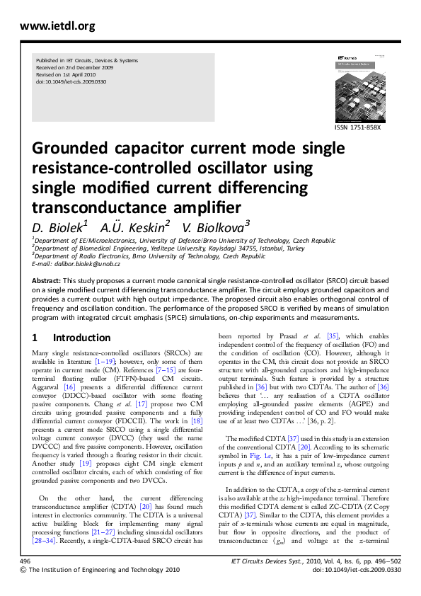 (PDF) Grounded capacitor current mode single resistance-controlled oscillator using single ...
