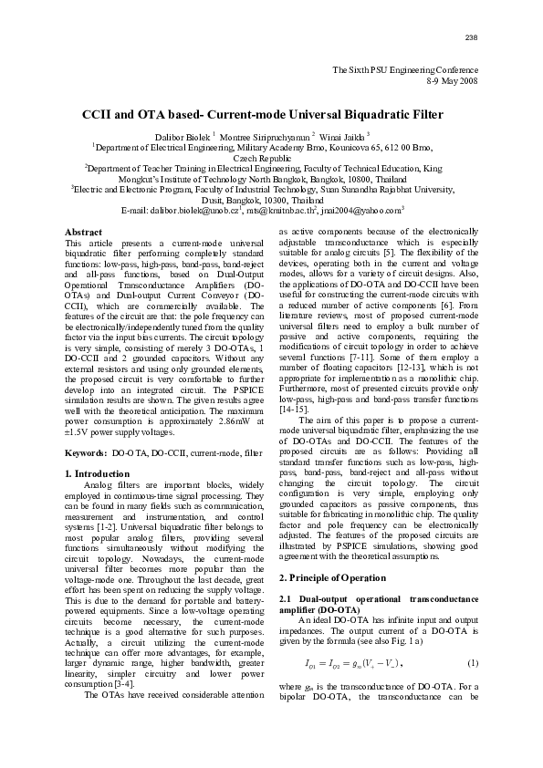 (PDF) CCII and OTA based Current–mode Universal Biquadratic Filter