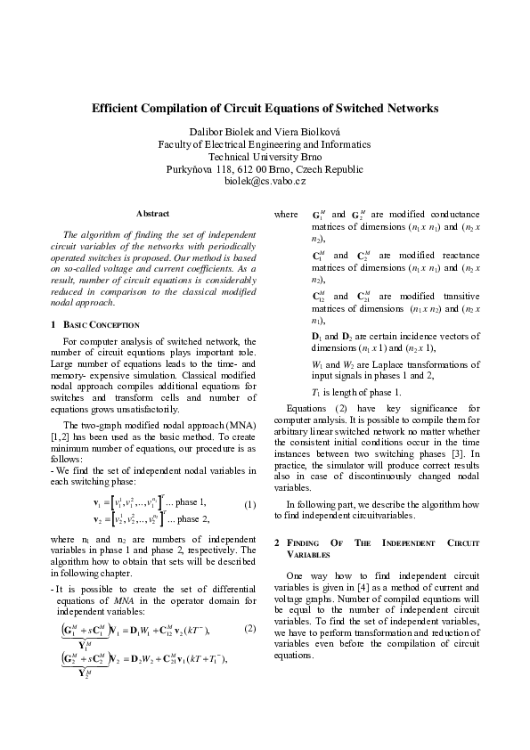 (PDF) Efficient Compilation of Circuit Equations of Switched Networks