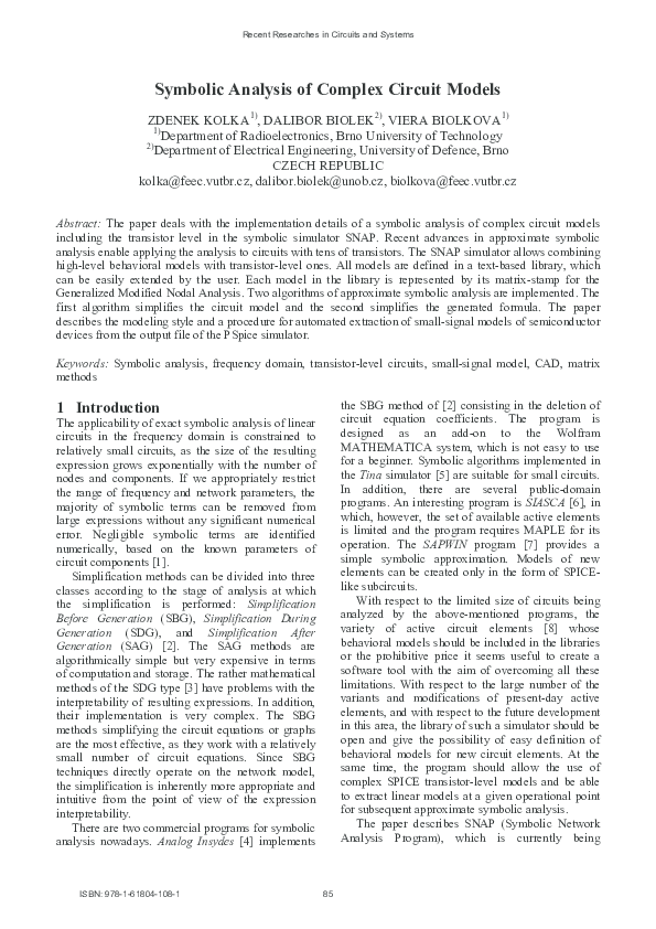 (PDF) Symbolic Analysis of Complex Circuit Models