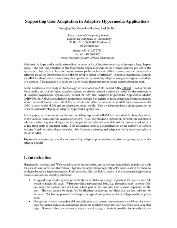 Pdf Supporting User Adaptation In Adaptive Hypermedia Applications