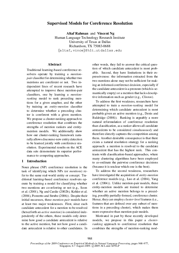 (PDF) Supervised models for coreference resolution