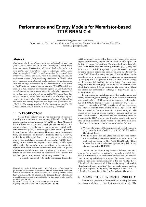 (PDF) Performance and energy models for memristor-based 1T1R RRAM cell