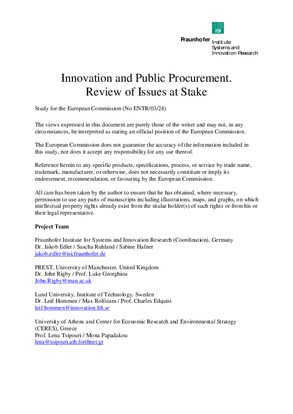 (PDF) Innovation and Public Procurement–Review of Issues at Stake