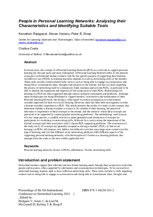 (PDF) People in Personal Learning Networks: Analysing their Characteristics and Identifying ...