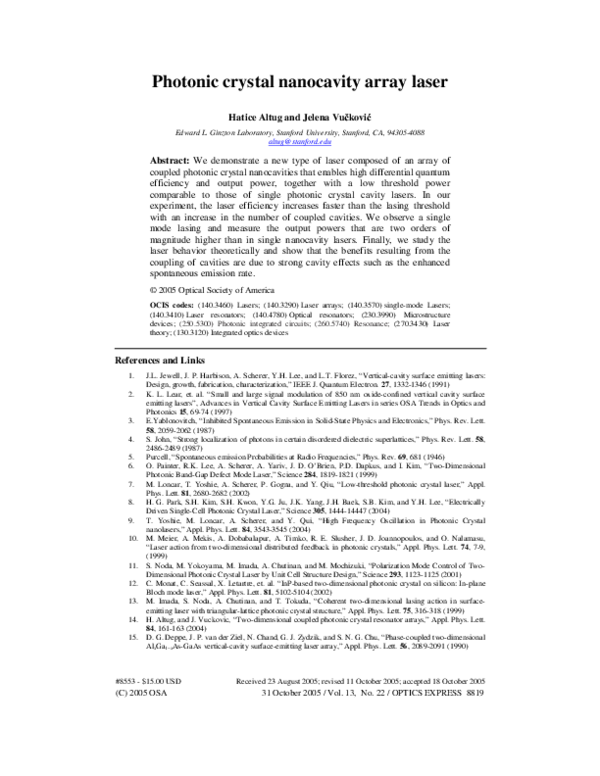 Pdf Photonic Crystal Nanocavity Array Laser