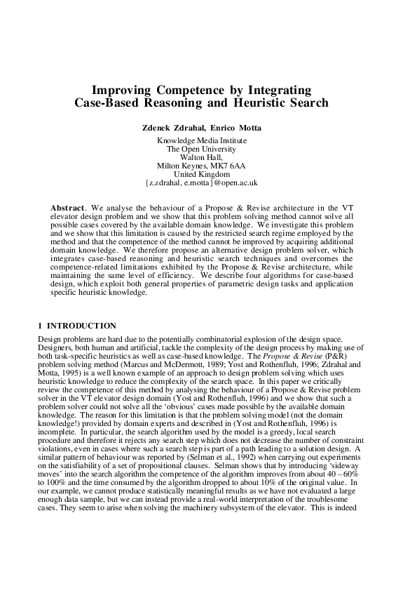 (PDF) Improving competence by integrating case-based reasoning and heuristic search