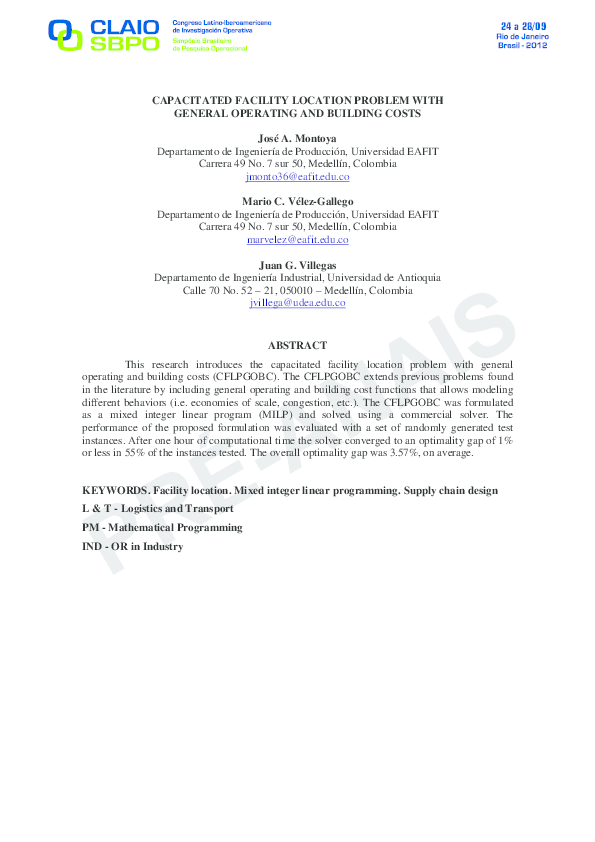 (PDF) CAPACITATED FACILITY LOCATION PROBLEM WITH GENERAL OPERATING AND ...