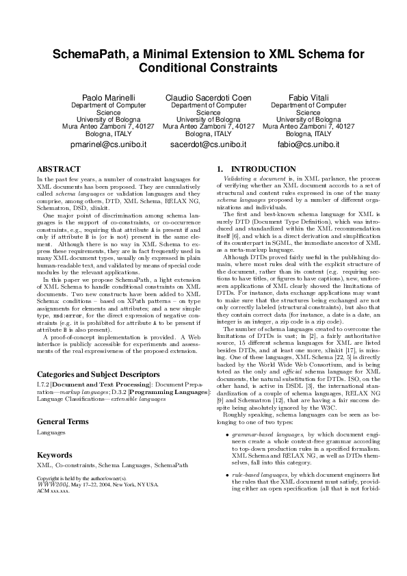 Pdf Schemapath A Minimal Extension To Xml Schema For Conditional Constraints
