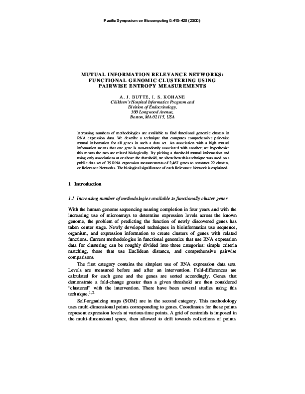 (PDF) Mutual information relevance networks: functional genomic clustering using pairwise ...