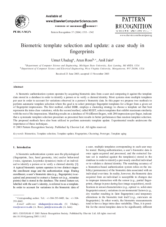 (PDF) Biometric template selection and update: a case study in fingerprints